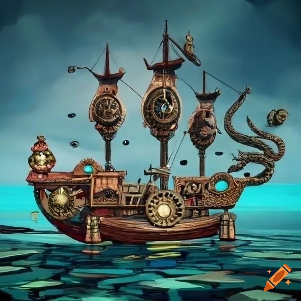 Steampunk sailing boat resembling 'One Piece' with quirky houses and ...
