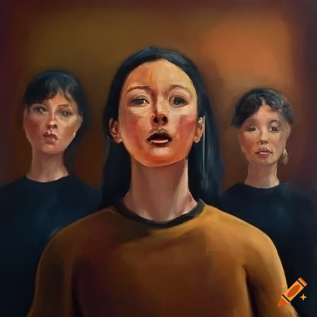 Diverse crowd of people staring blankly in unsettling painting on Craiyon