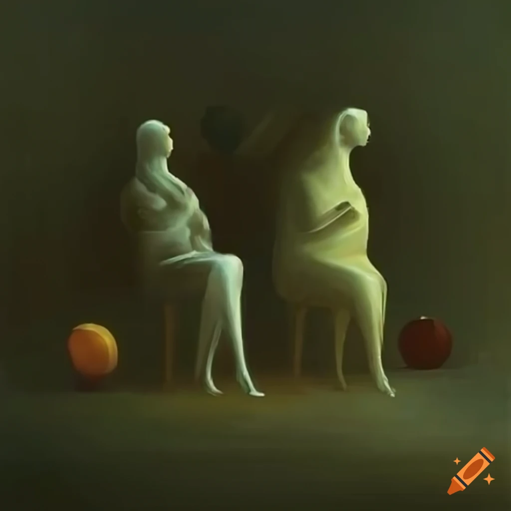 Surreal painting of humanoid figures eating brunch inspired by ...