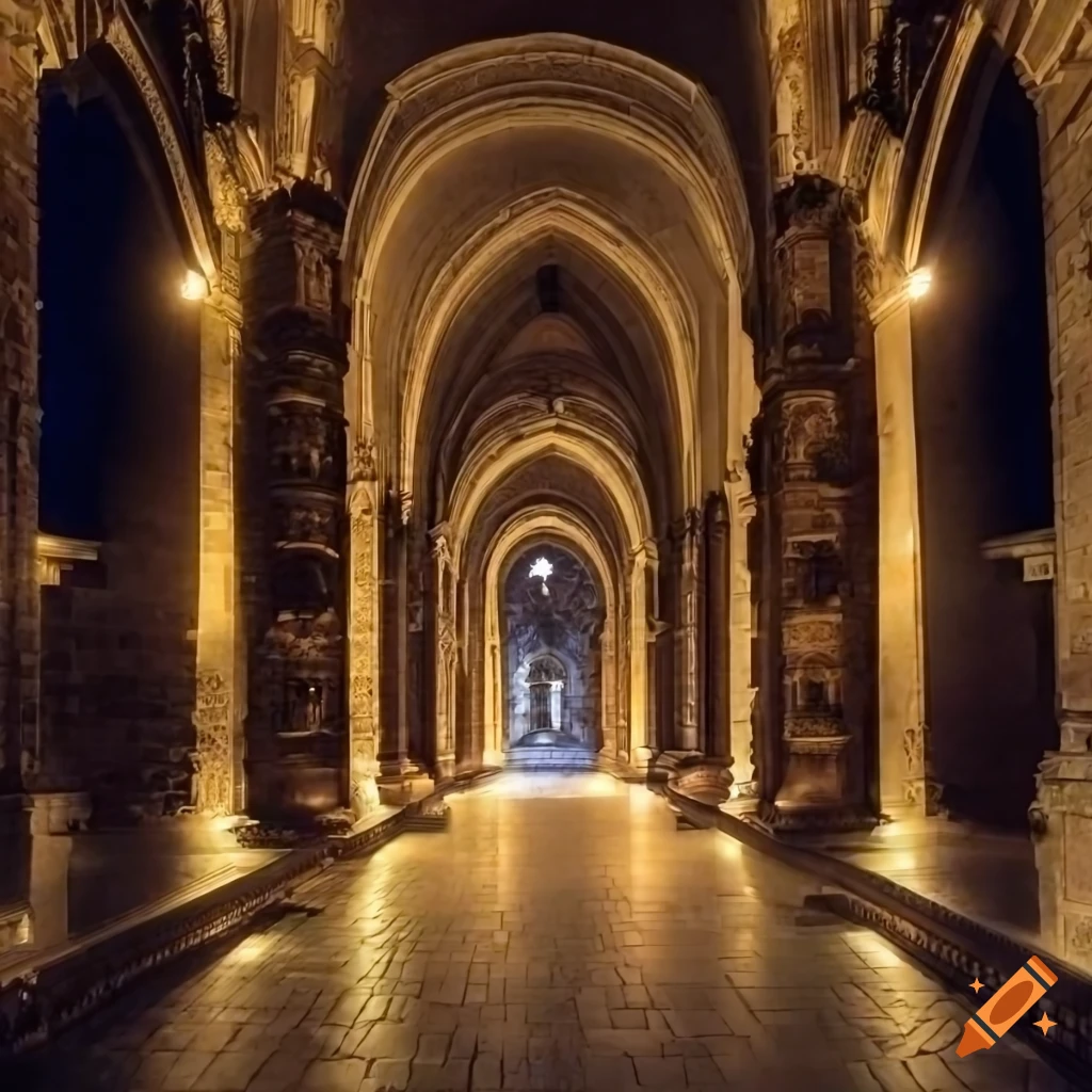 Hallway of a medieval castle at night with candles lighting the walls ...
