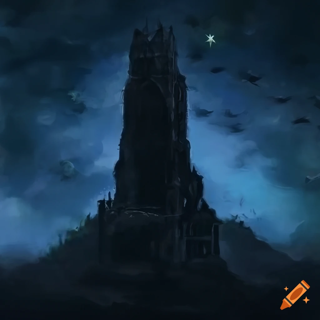 Dark stone haunted tower under the stars in an oil painting on Craiyon