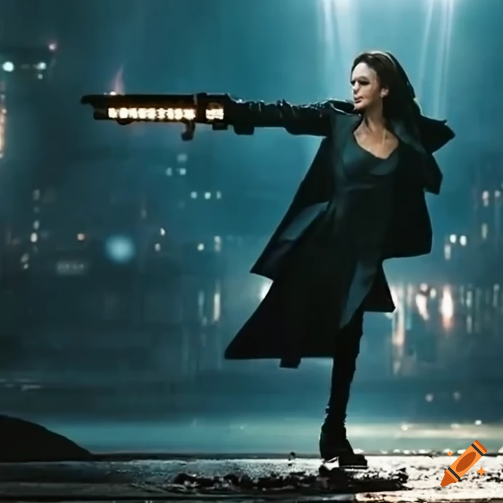 Angelina Jolie in a movie action scene from Bladerunner on Craiyon