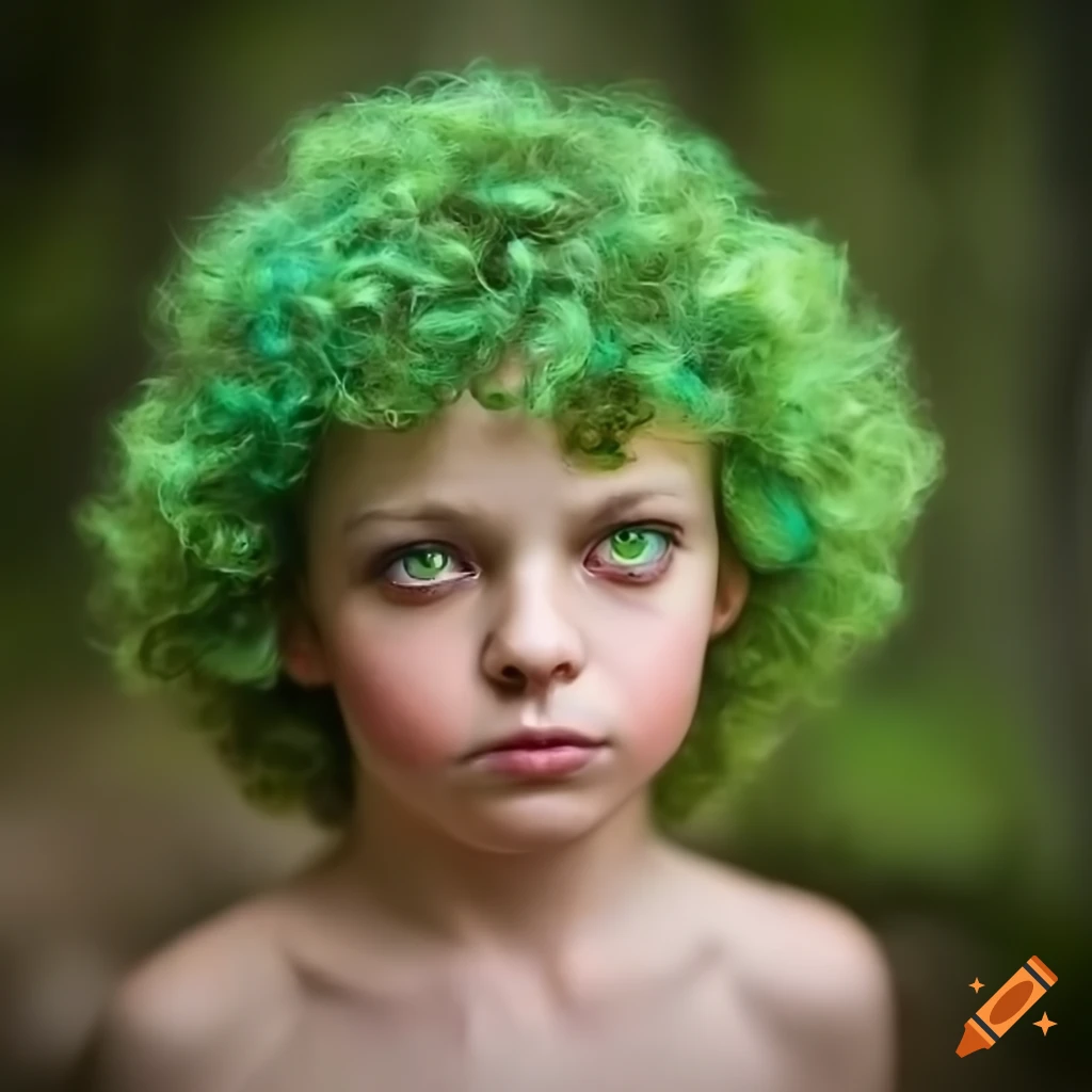 Green-skinned male forest spirit child with bright green eyes and curly ...