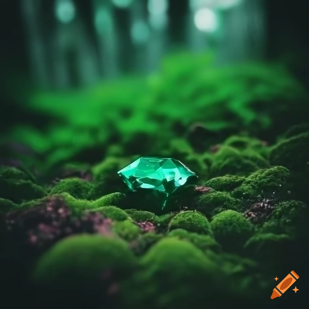 Emerald gem surrounded by moss in a dark forest on Craiyon