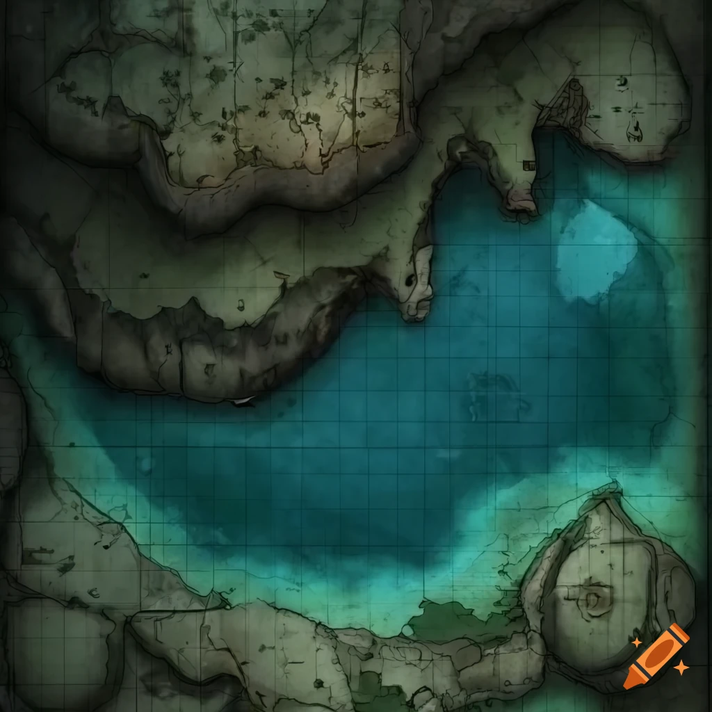 D&d cave system battlemap with pool, land platform, and entryways on ...