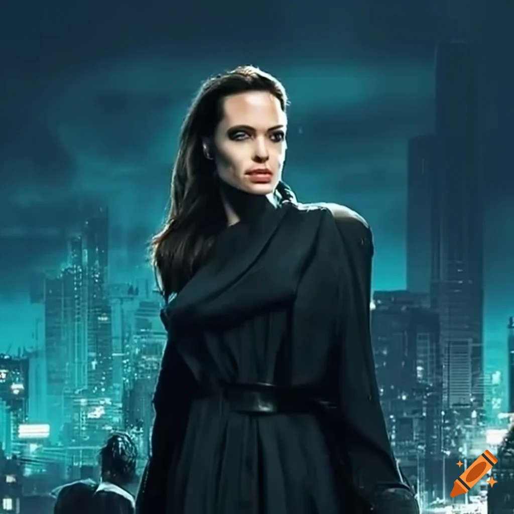 Angelina Jolie in a movie action scene from Bladerunner on Craiyon