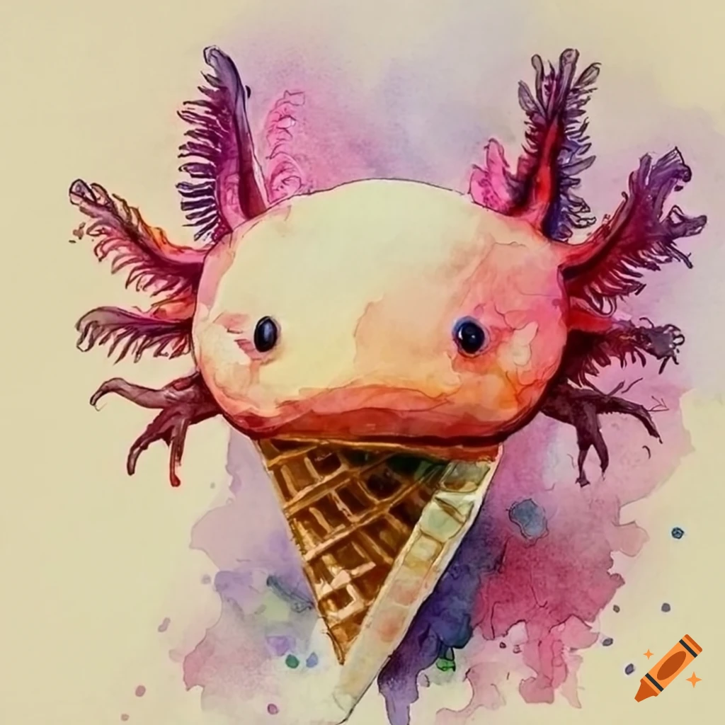 Gorgeous axolotl delicately enjoying an ice cream cone in watercolor on ...