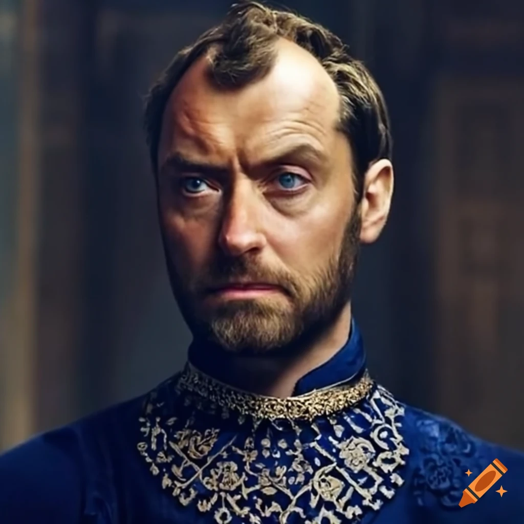 Jude law as bearded medieval monarch in blue clothing on Craiyon