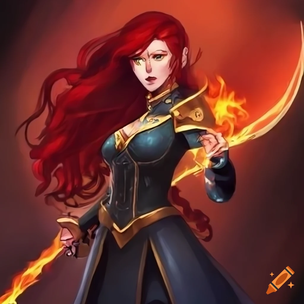 Female magus with red hair wielding a flaming sword on Craiyon
