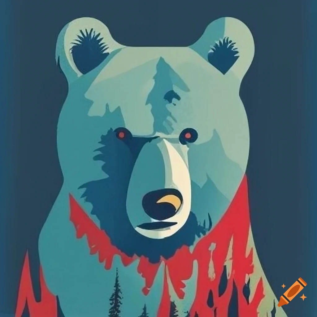 Vintage wpa style travel poster of a bear in a forest with red, white ...