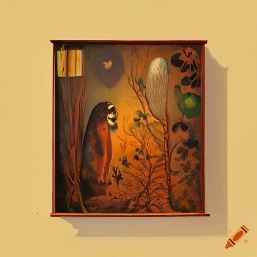 Joseph cornell box with salish inspired designs, nature elements, birds, and animals on Craiyon