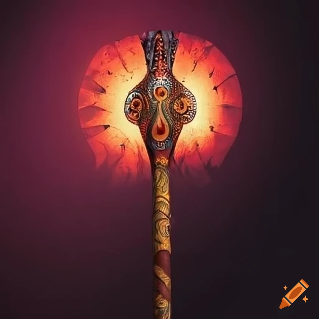 Intricately designed double-headed axe with a sunset theme on Craiyon
