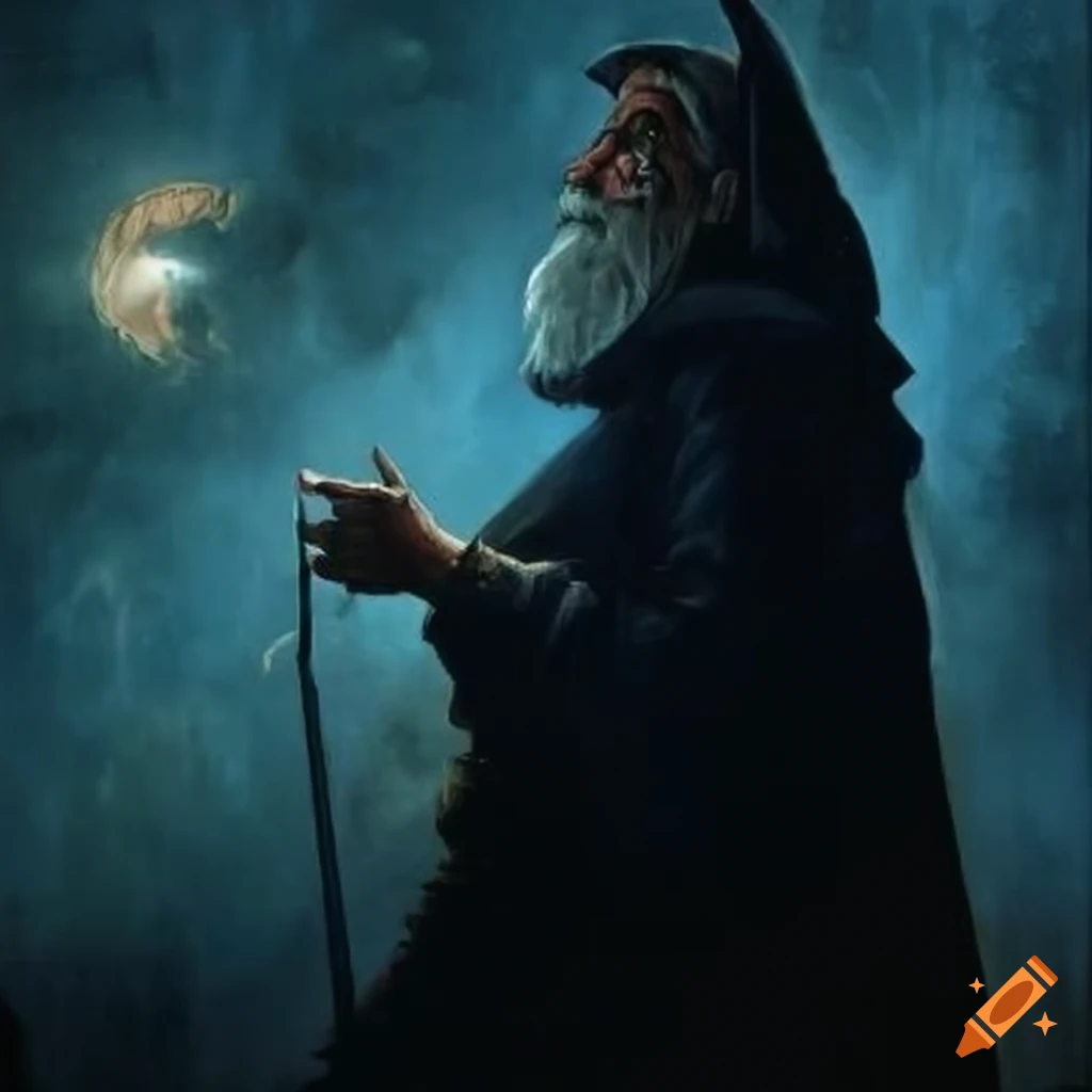 Wizard on a stealth mission in a vineyard monastery at night with ...