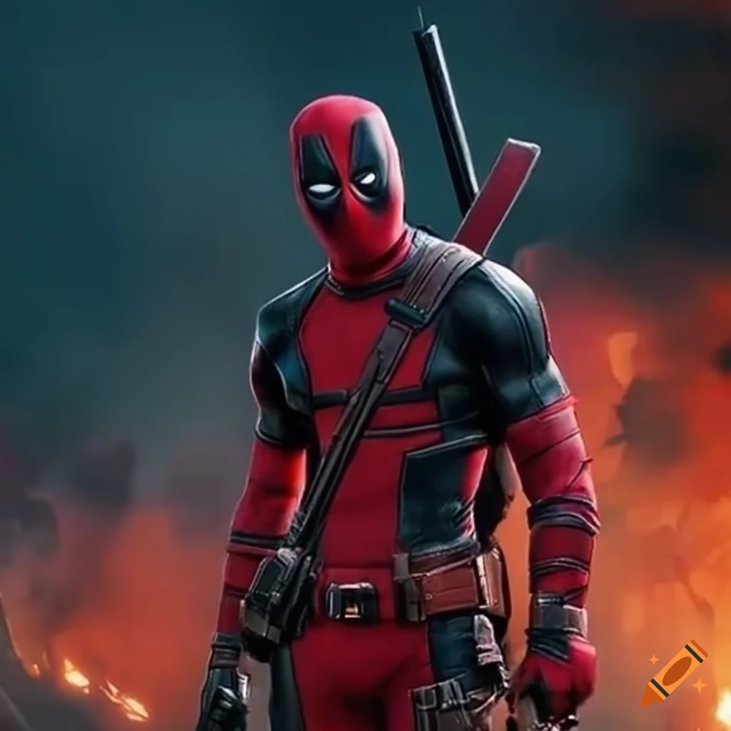 Deadpool in action from the movie on Craiyon