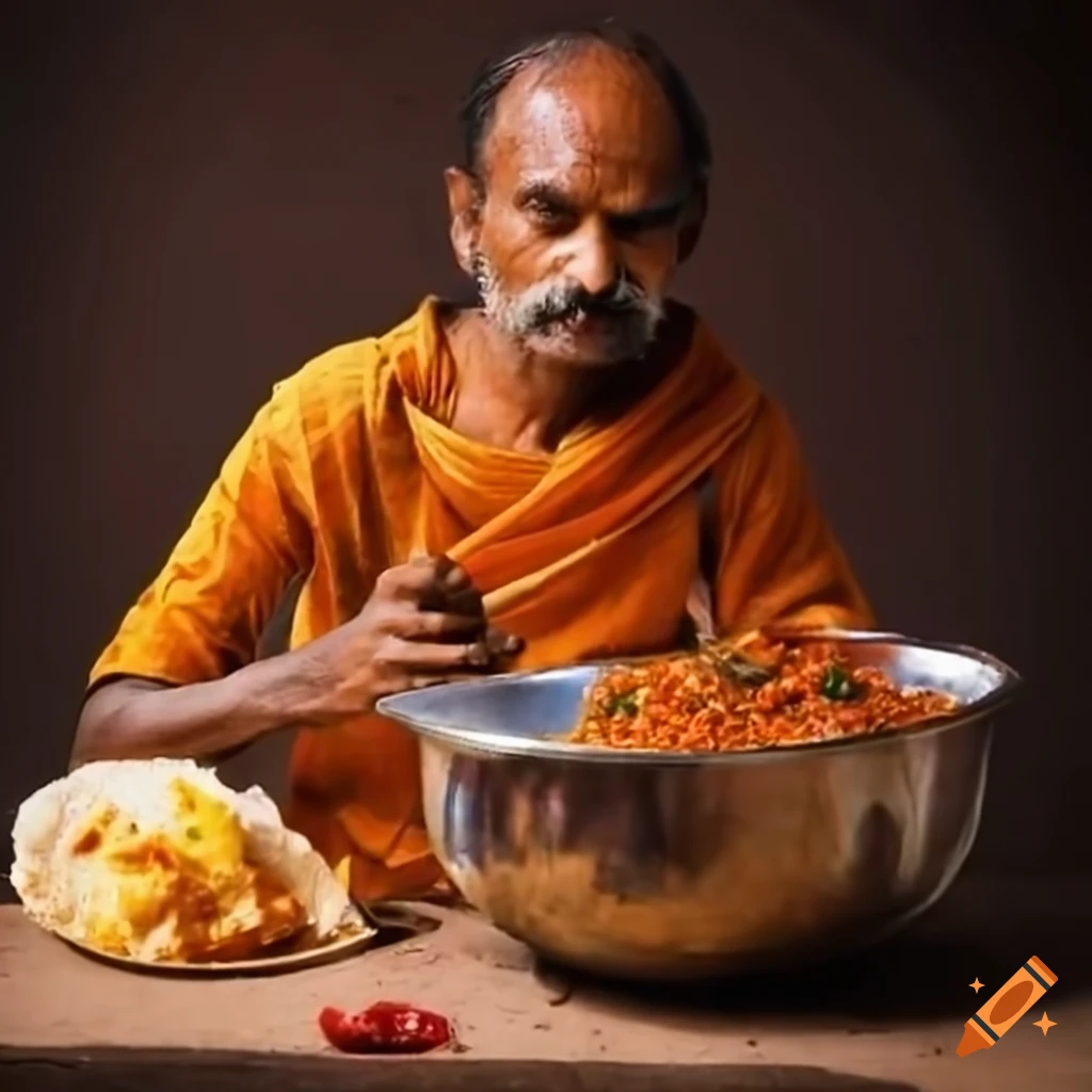 Indian man enjoying curry in a local market scene on Craiyon