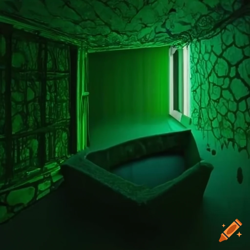 Green complex room with an eye hanging in the middle on Craiyon