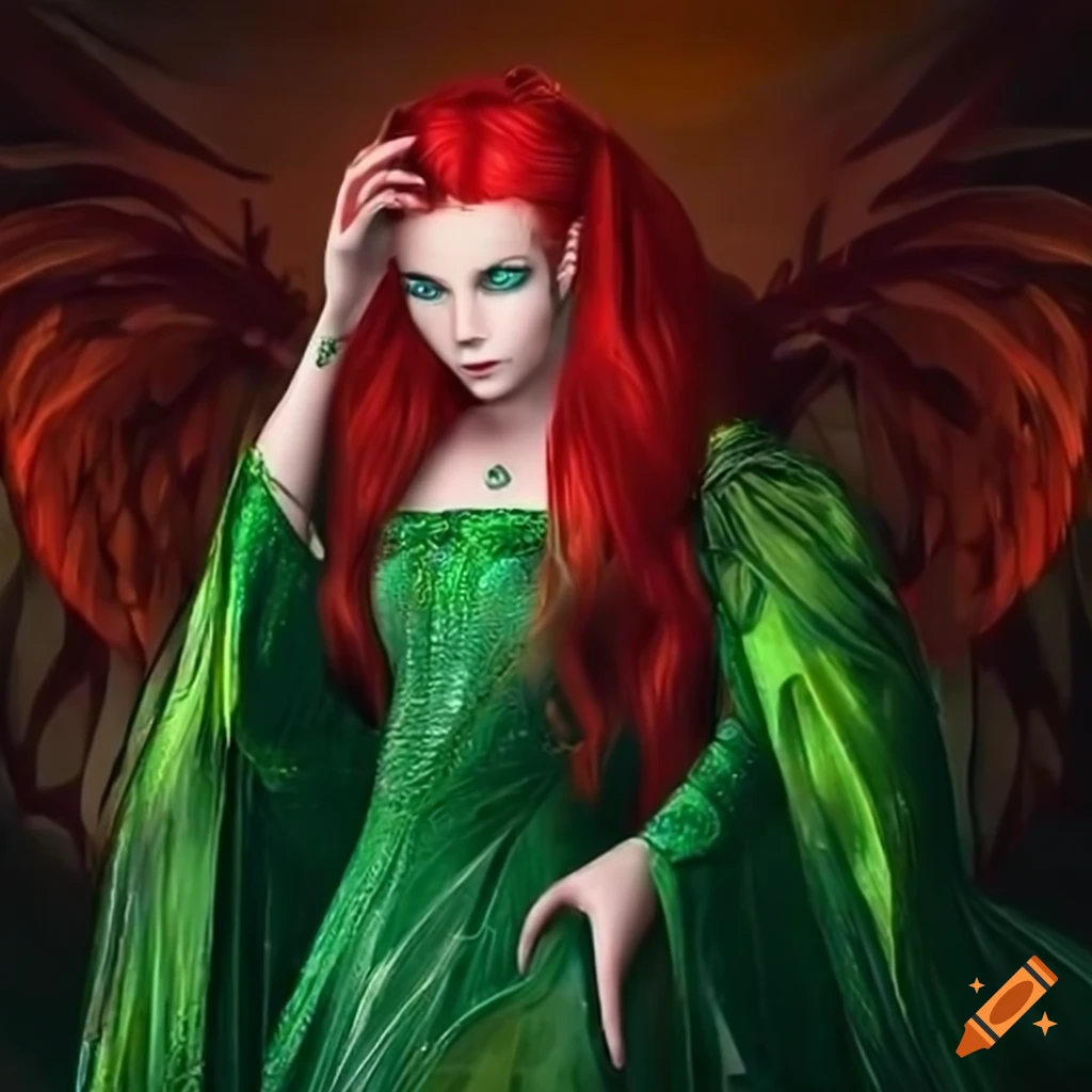 Ethereal elven figure with red hair, green eyes, and fiery wings in ...