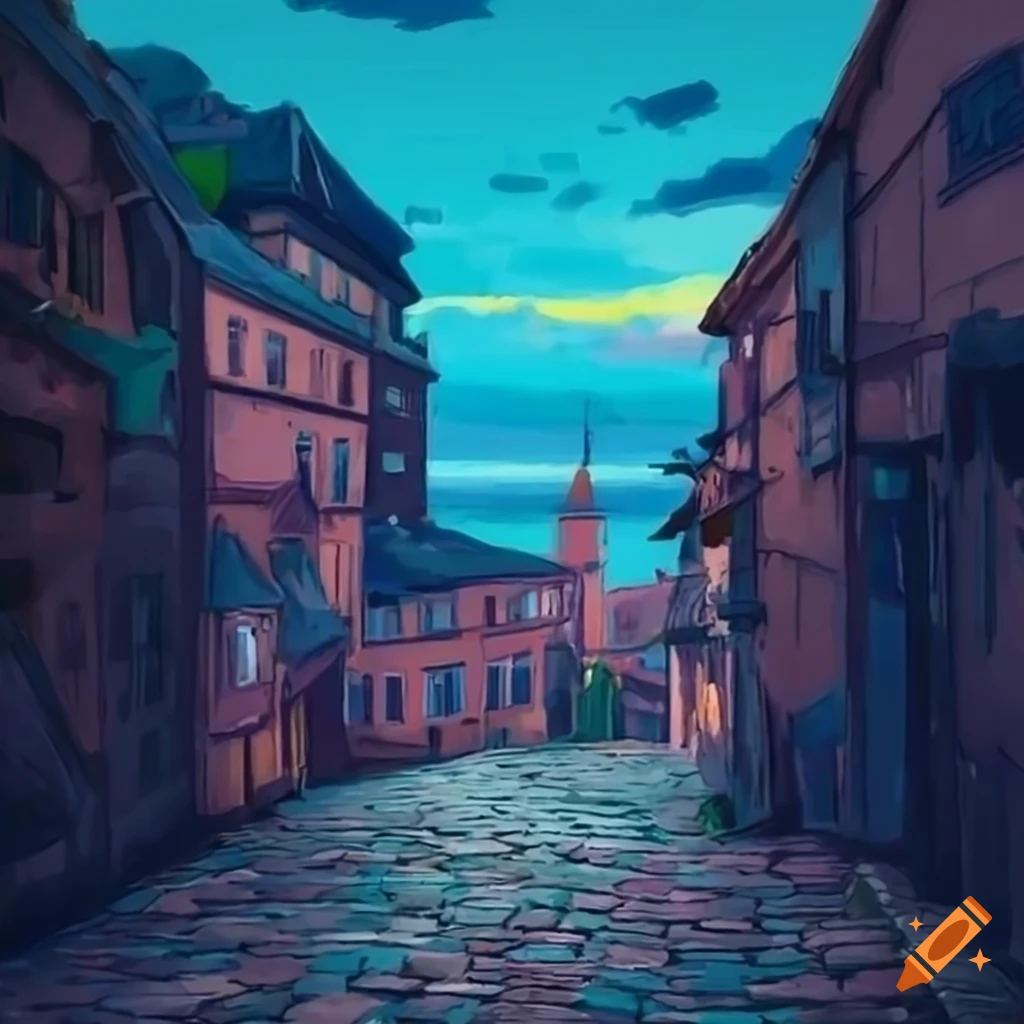 Coastal town with cobblestone streets in studio ghibli style during ...
