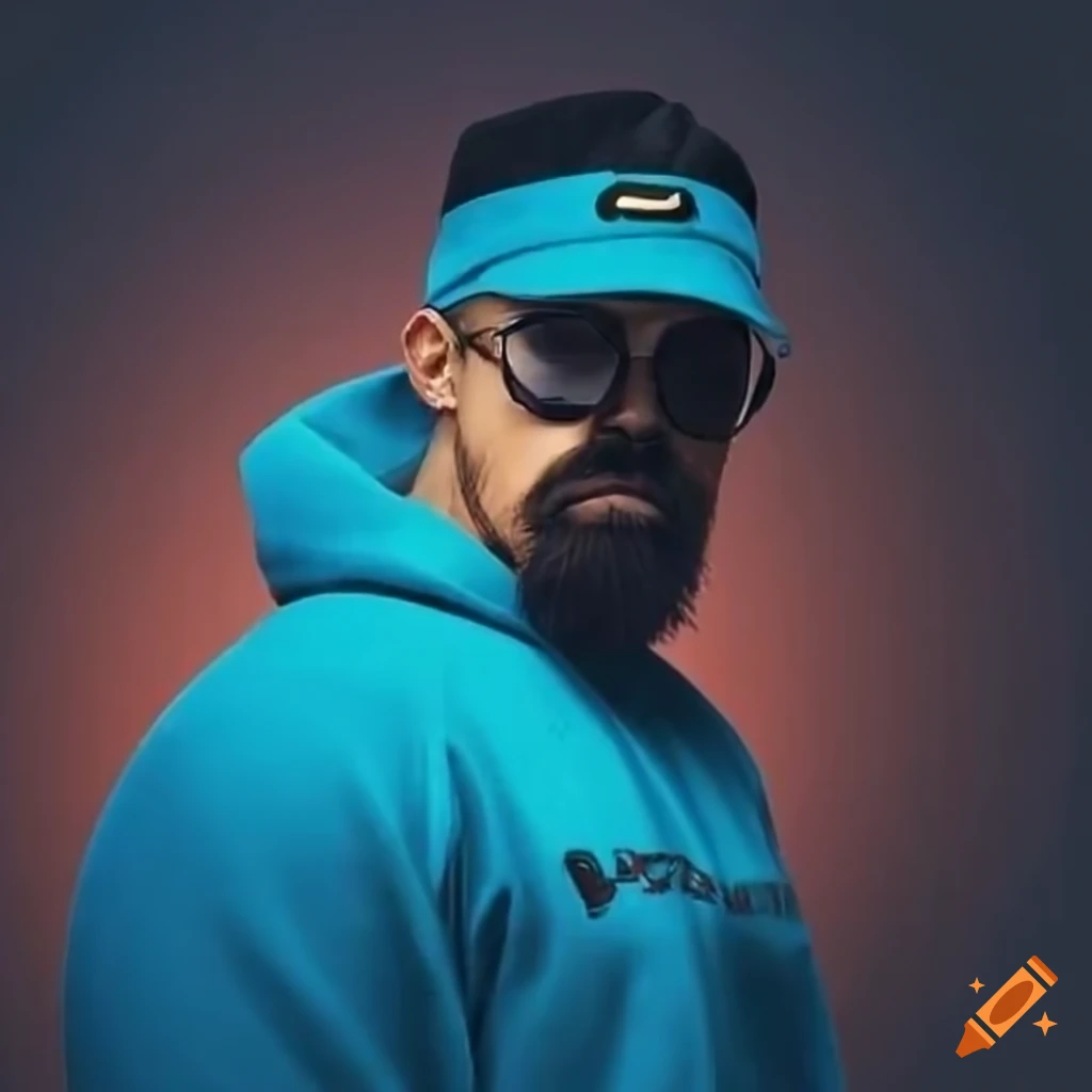 Tall muscular guy in blue tracksuit with sunglasses and cap on Craiyon