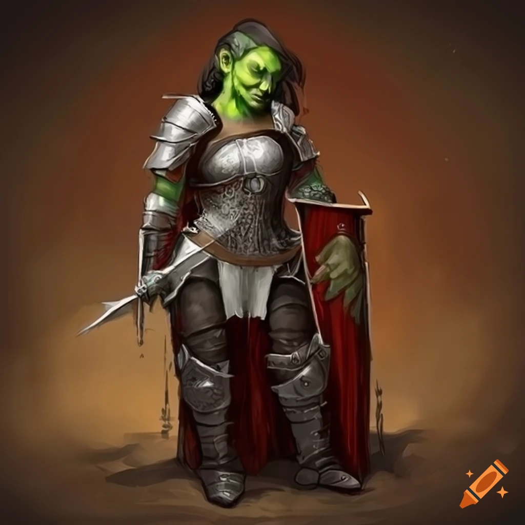 Female half-orc paladin in shining armor with a broadsword on Craiyon