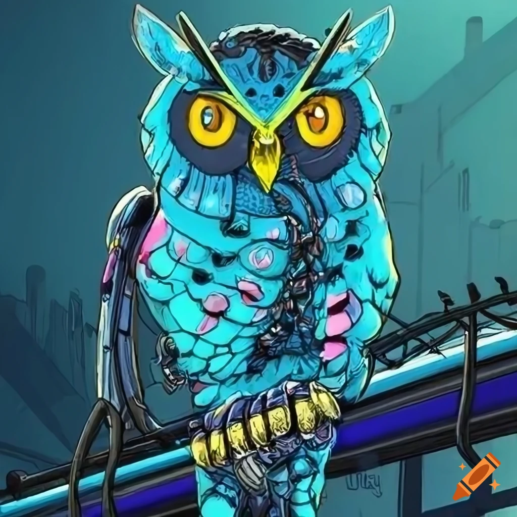 Blue cyberpunk owl with yellow eyes perched on power cables in Tim ...