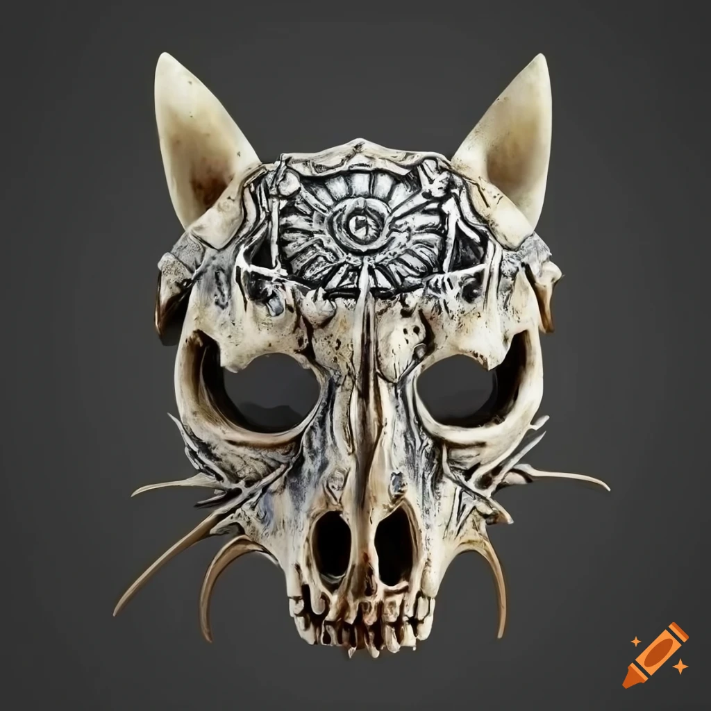 Biomechanical Cat Skull death mask with Norse runes on plain background ...