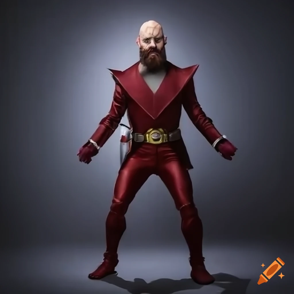 Hyper realistic bald, bearded man as a power rangers villain holding a ...
