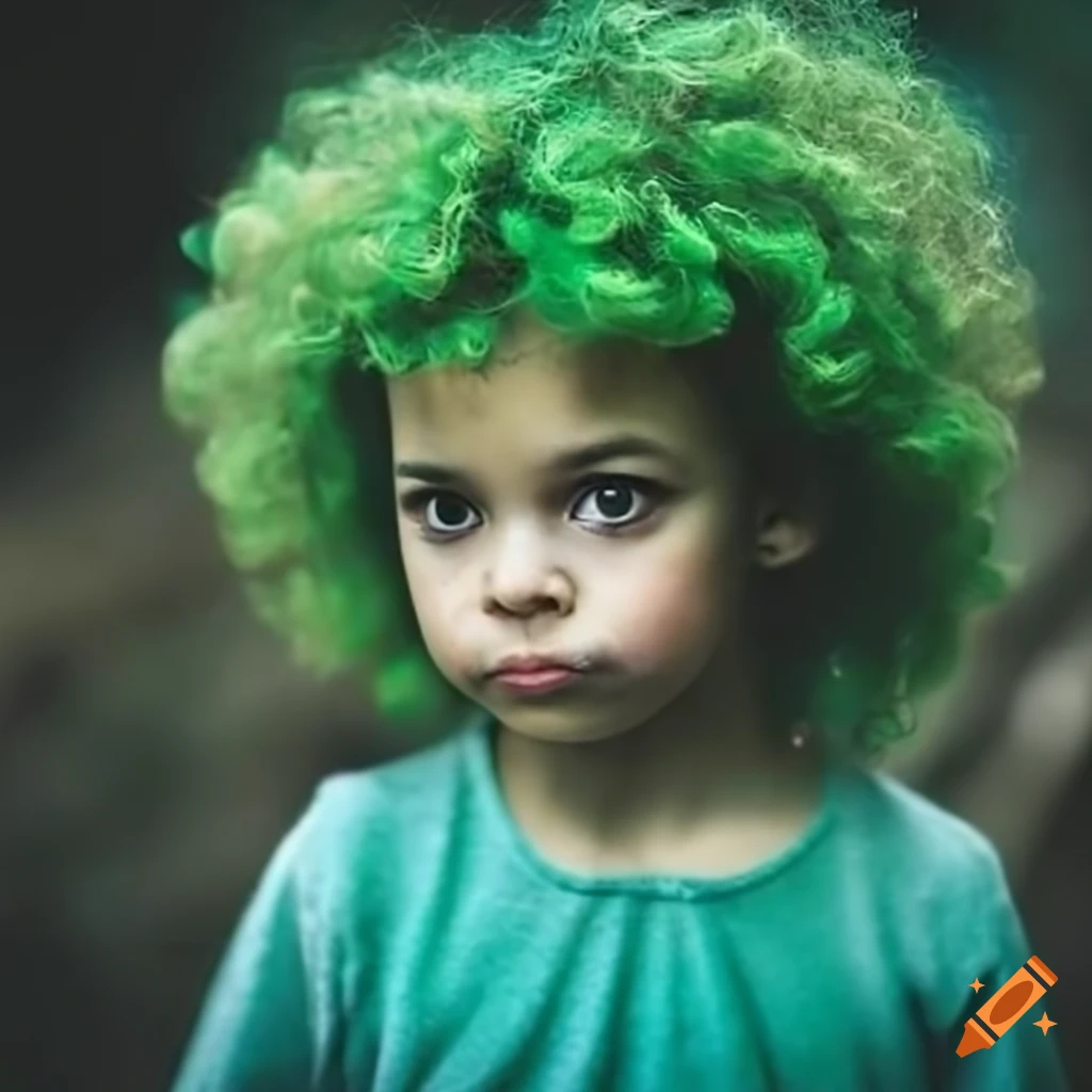 Green-skinned forest spirit child with curly green hair on Craiyon