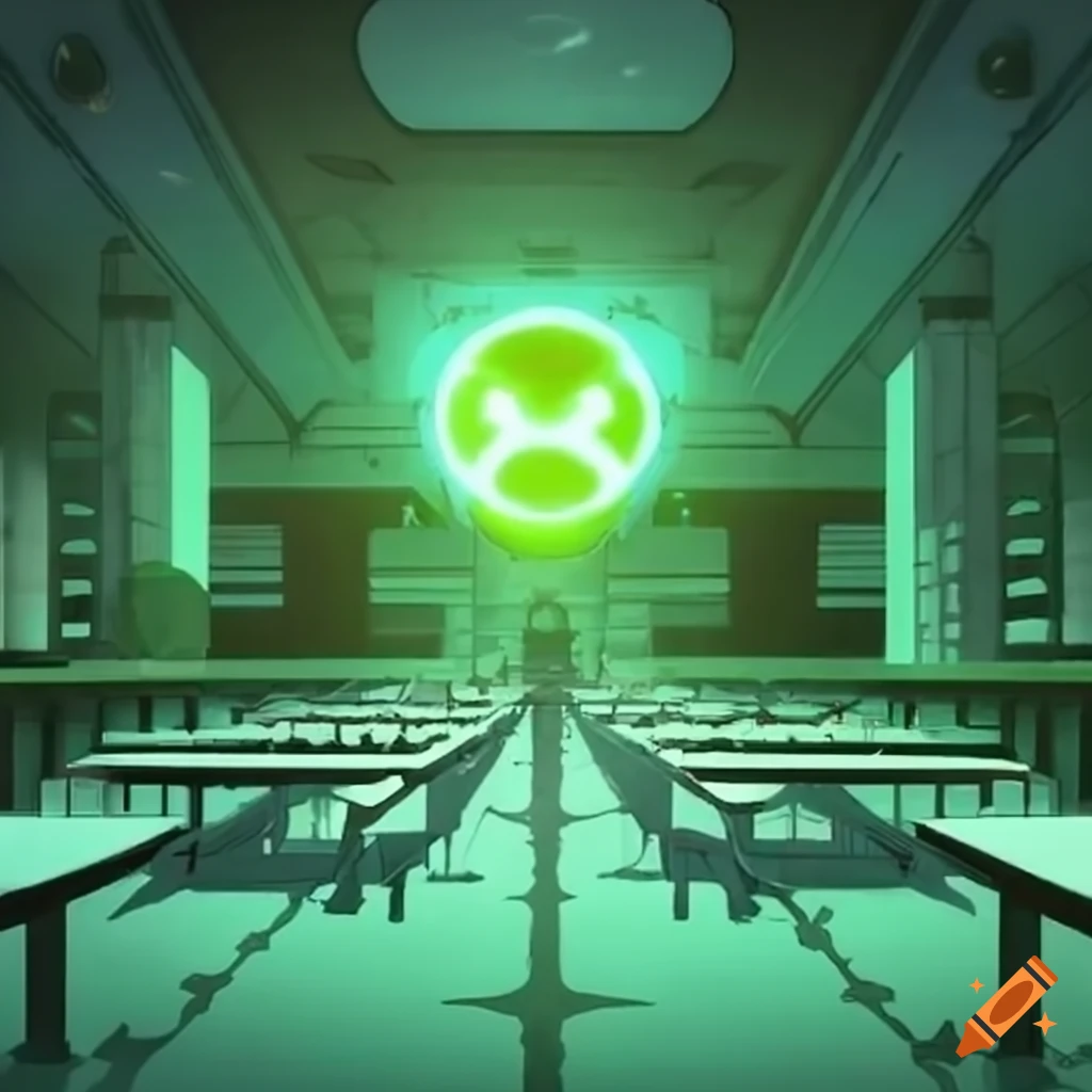 Anime class-A cafeteria in a green-lit nuclear laboratory with an SCP ...