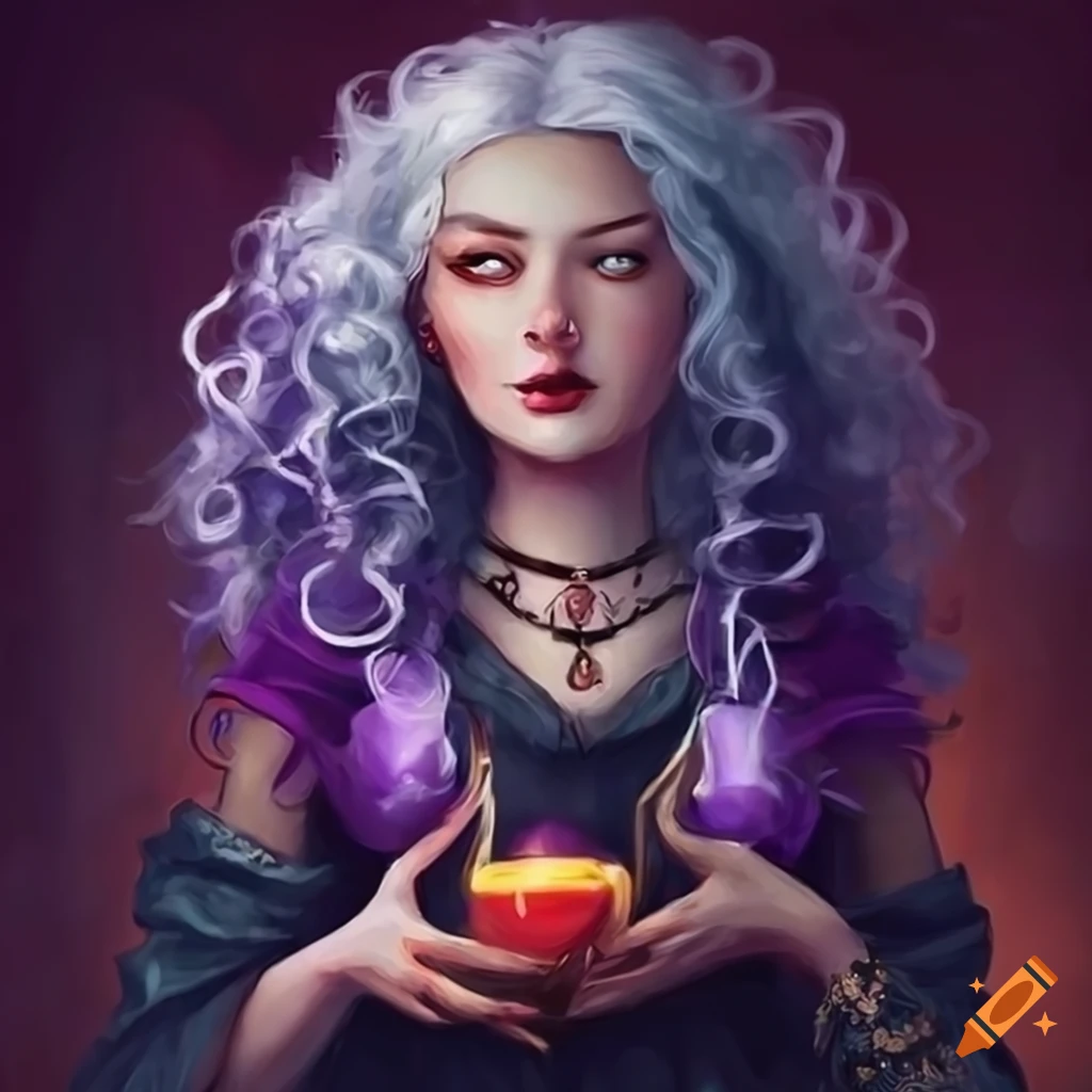 Enchanting witch with curly white hair holding a glowing potion in a tavern setting on Craiyon