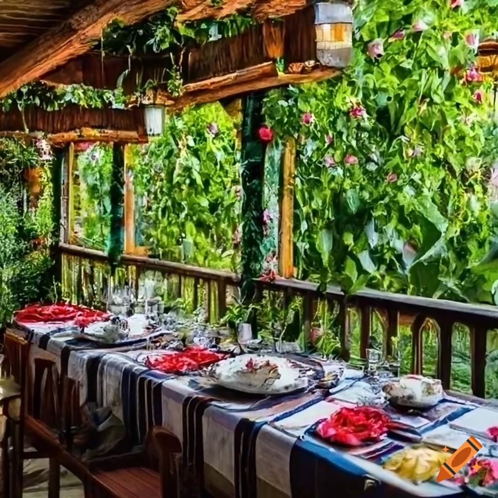 Intricate artwork of a beautifully decorated romanian house with garden ...