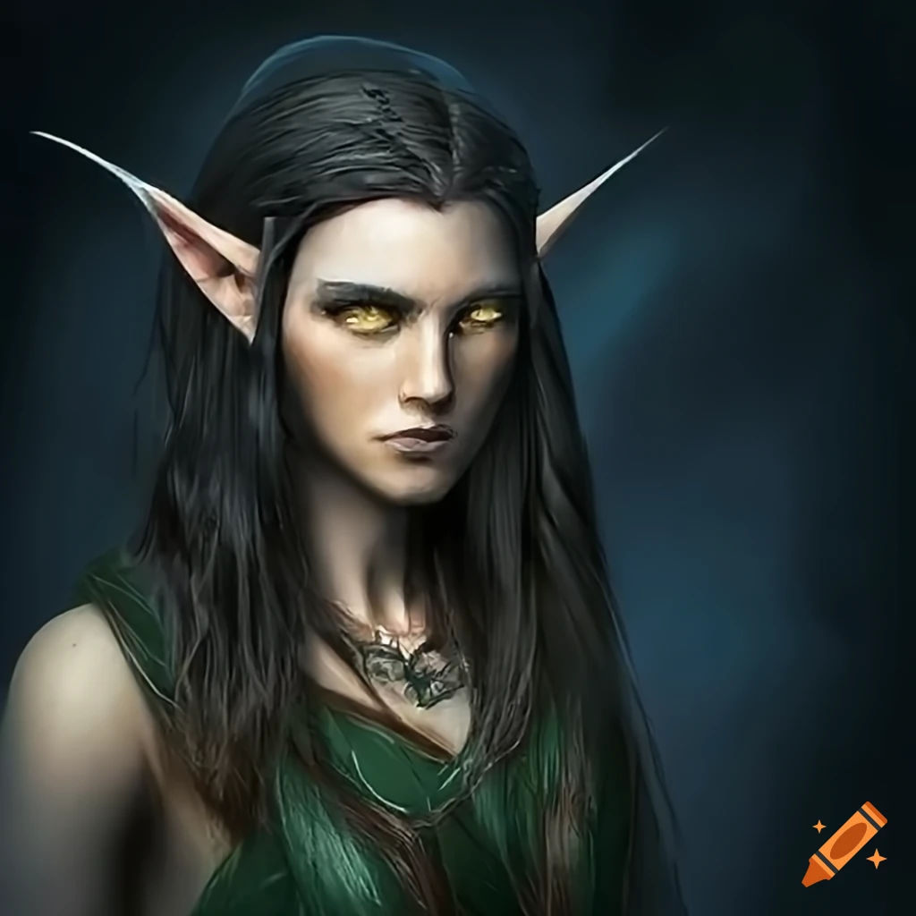 Strong wild elf woman with long dark brown hair and yellow eyes on Craiyon