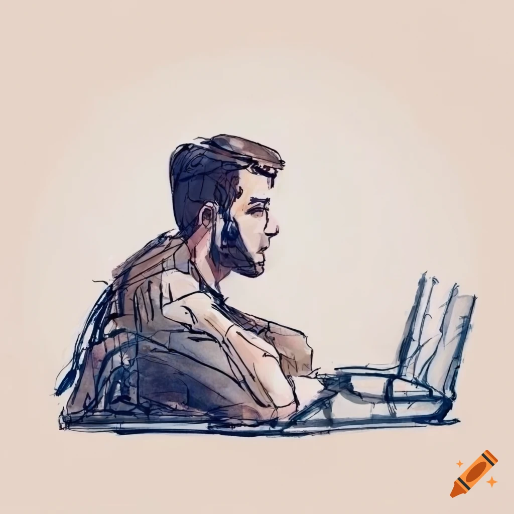 Ink sketch of man sitting at desk facing away on Craiyon