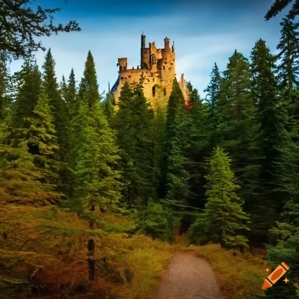 Oregon forest with a distant castle on Craiyon