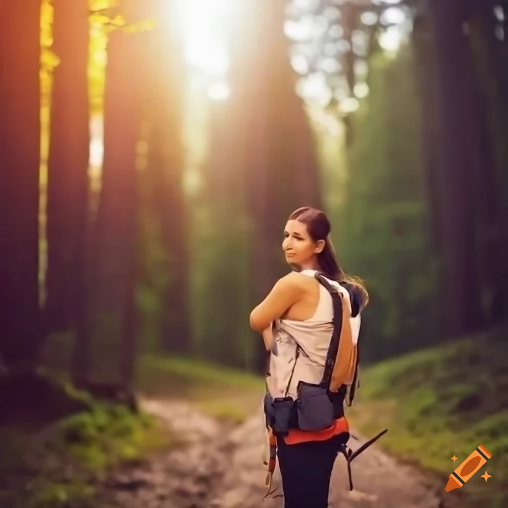 Beautiful brunette woman hiking with a backpack in a mountain forest ...