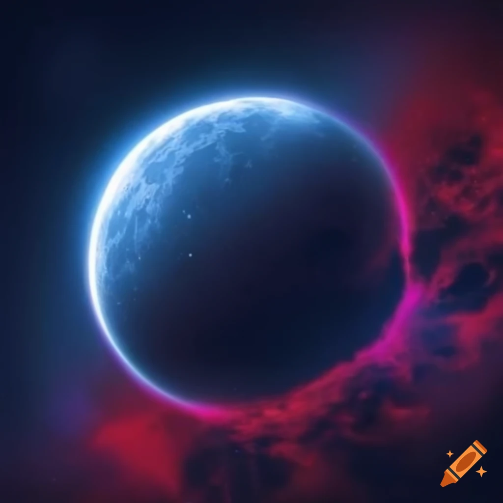 Moon eclipse surrounded by nebulas with a colorful spaceship and rays ...