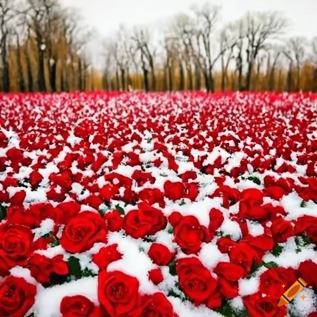 Field of red roses covered in snow on Craiyon