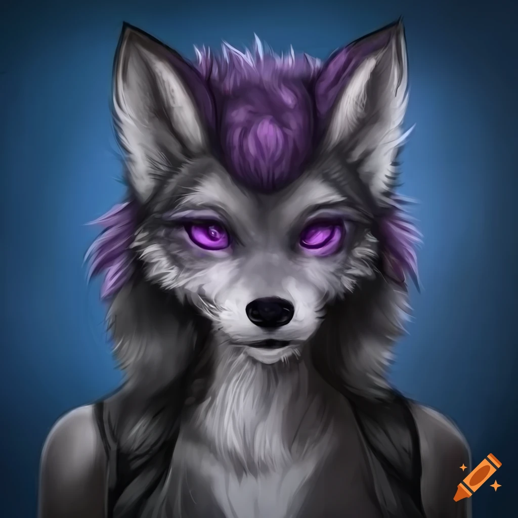 Portrait of female anthro wolf with black and grey fur and purple eyes ...