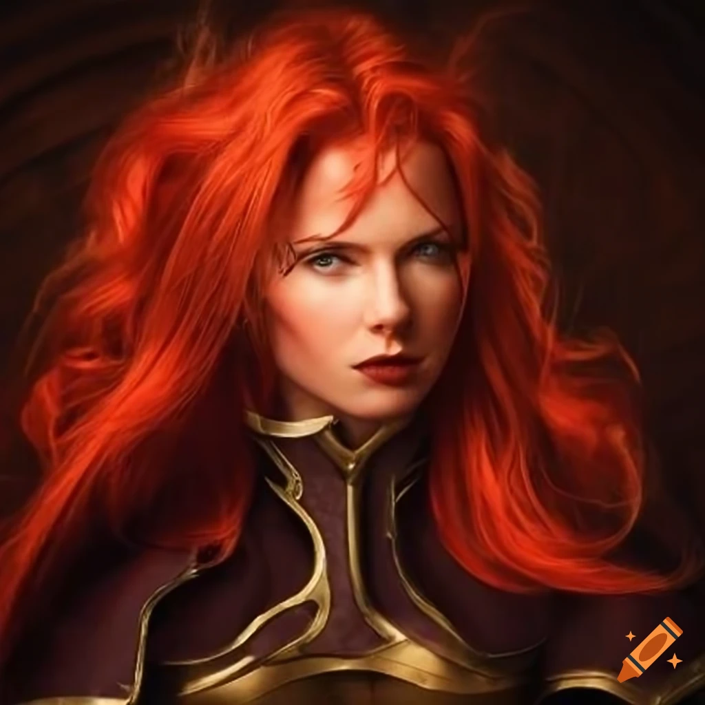 Female magus with red hair wielding a flaming sword on Craiyon