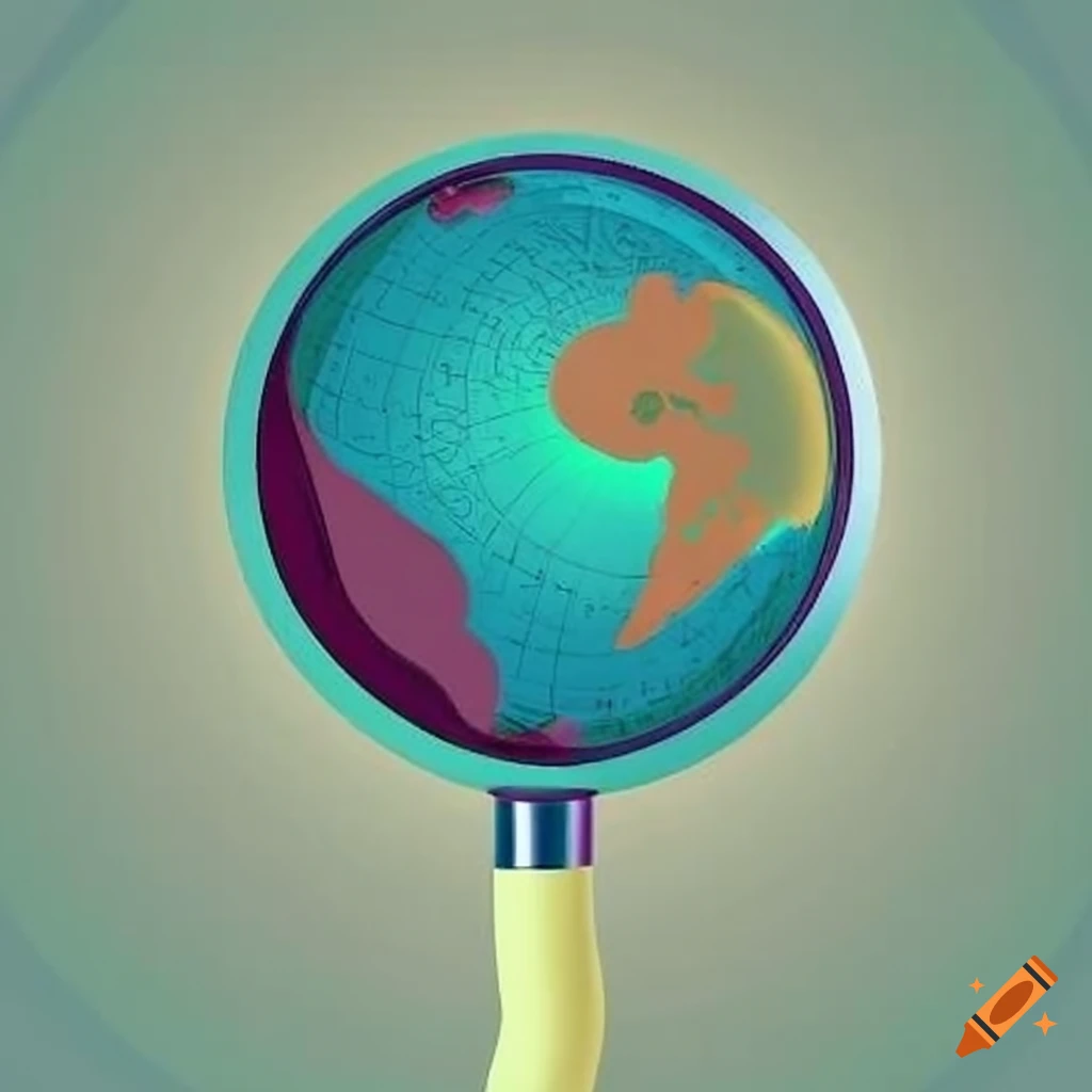 Stylized magnifying glass with a globe inside symbolizing exploration ...