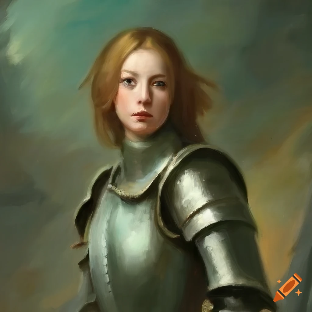 Female knight in green attire in a classical oil painting portrait on ...