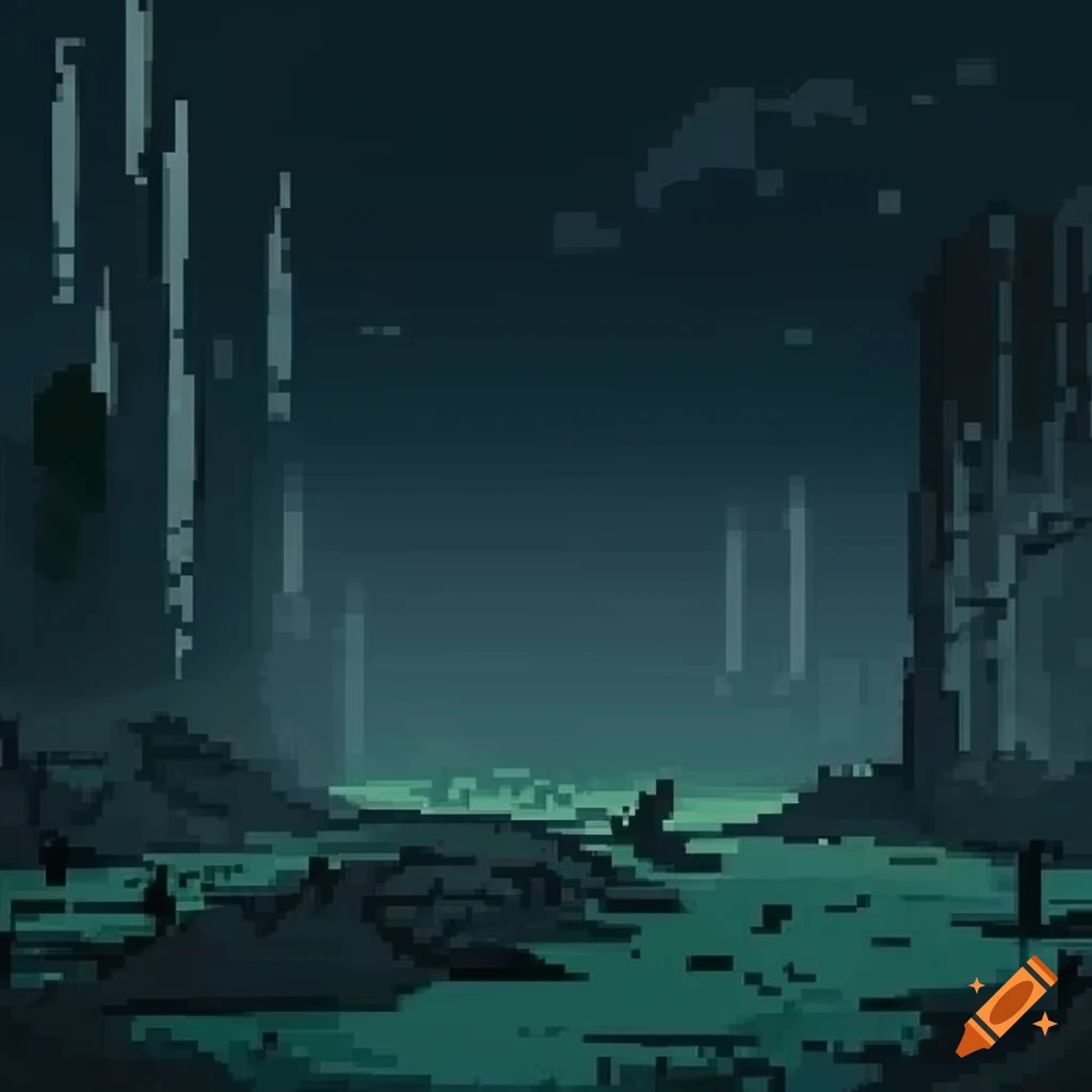 Dramatic post-apocalyptic pixel art landscape with dark colors on Craiyon
