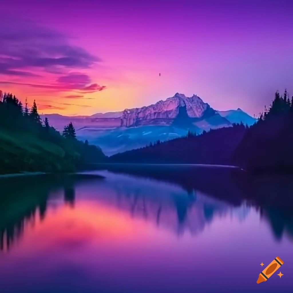 River between two mountains during a purple sunset on Craiyon