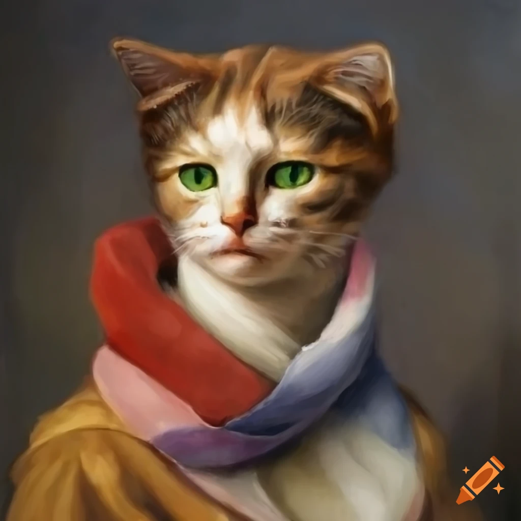 Cat wearing a scarf at a brunch painting in the style of titian on Craiyon