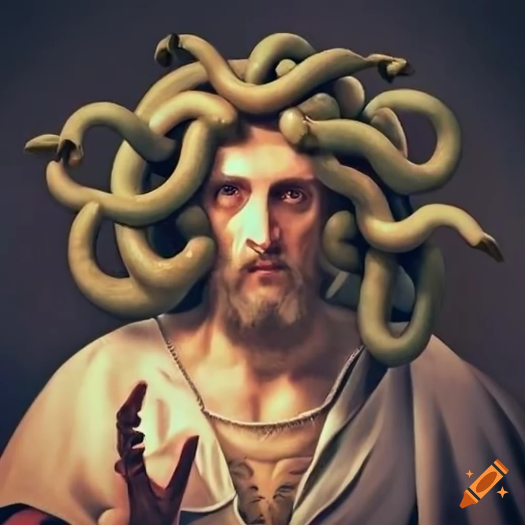 The pope, jesus, god, and medusa sitting at a dinner table on Craiyon