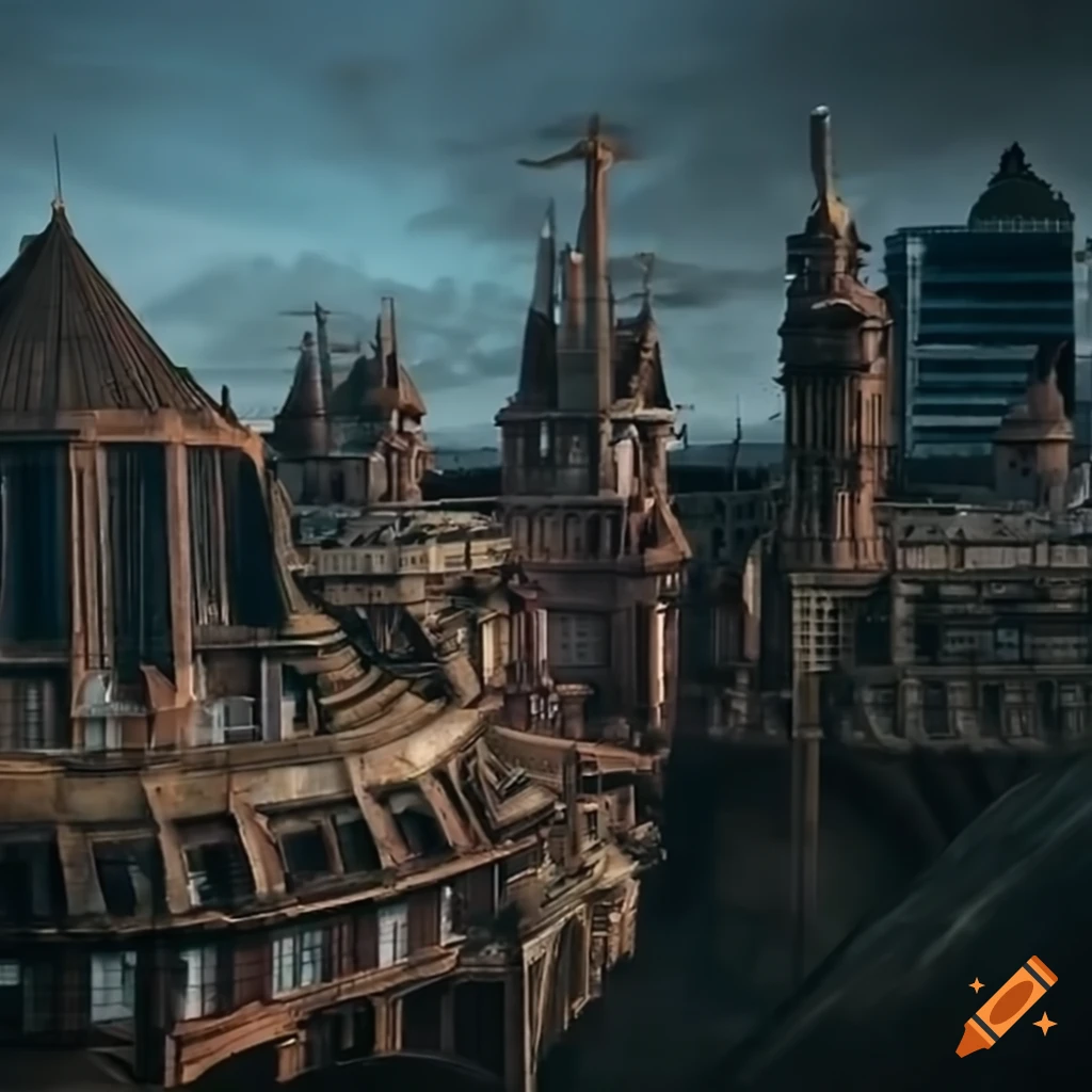 Steampunk Polynesian city with domed roof buildings seen from a tall ...