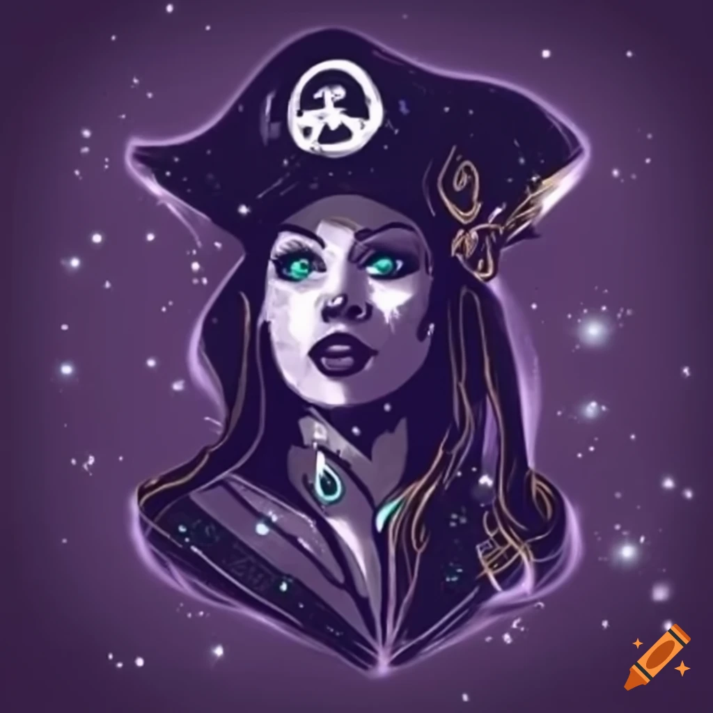 Female space pirate captain in a glittery space setting on Craiyon