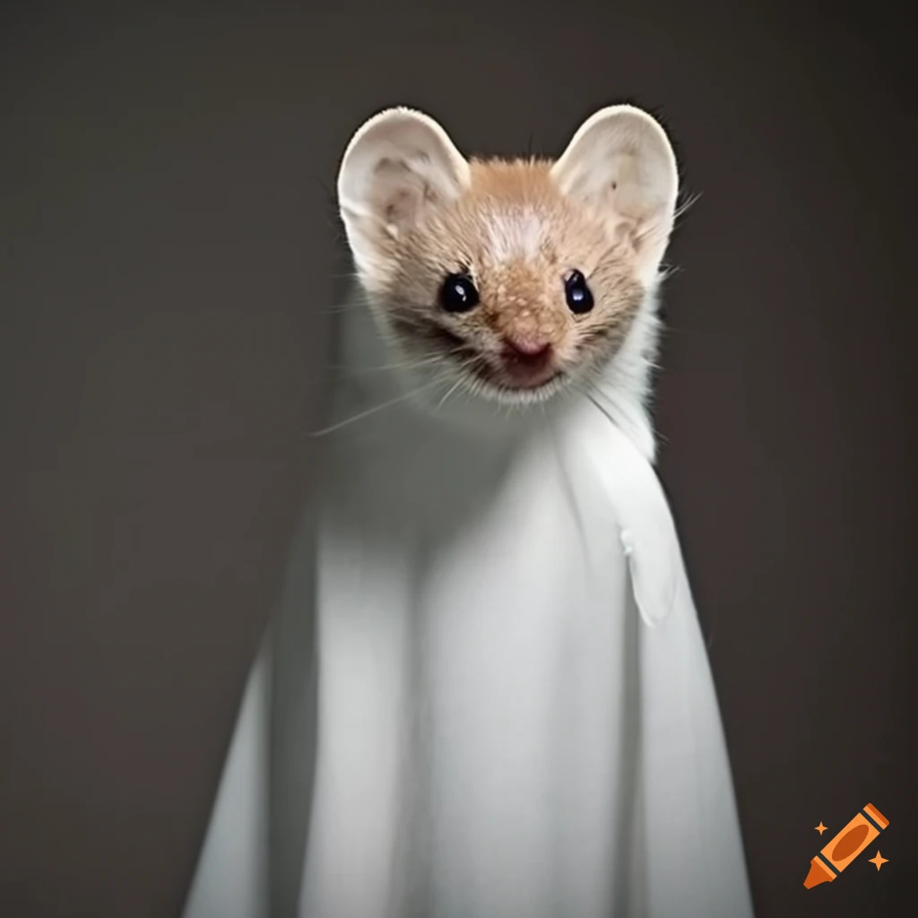 Weasel in homemade ghost costume on Craiyon