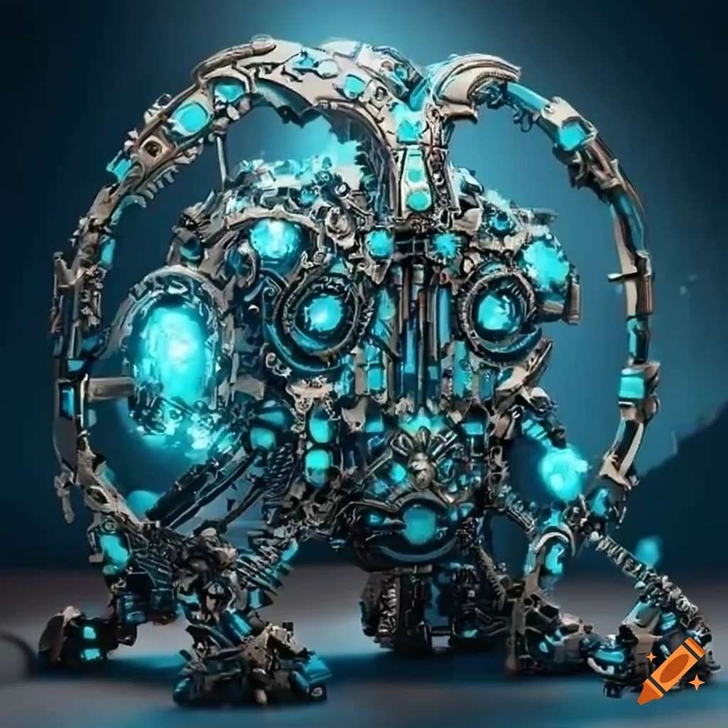 Intricate mechanical crystalline war machine on Craiyon