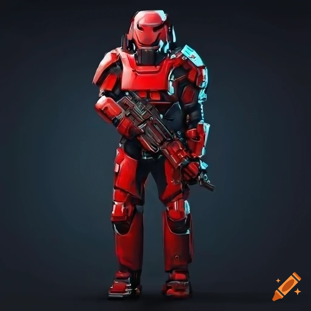 Cyberpunk man in red power armor holding laser rifle on Craiyon